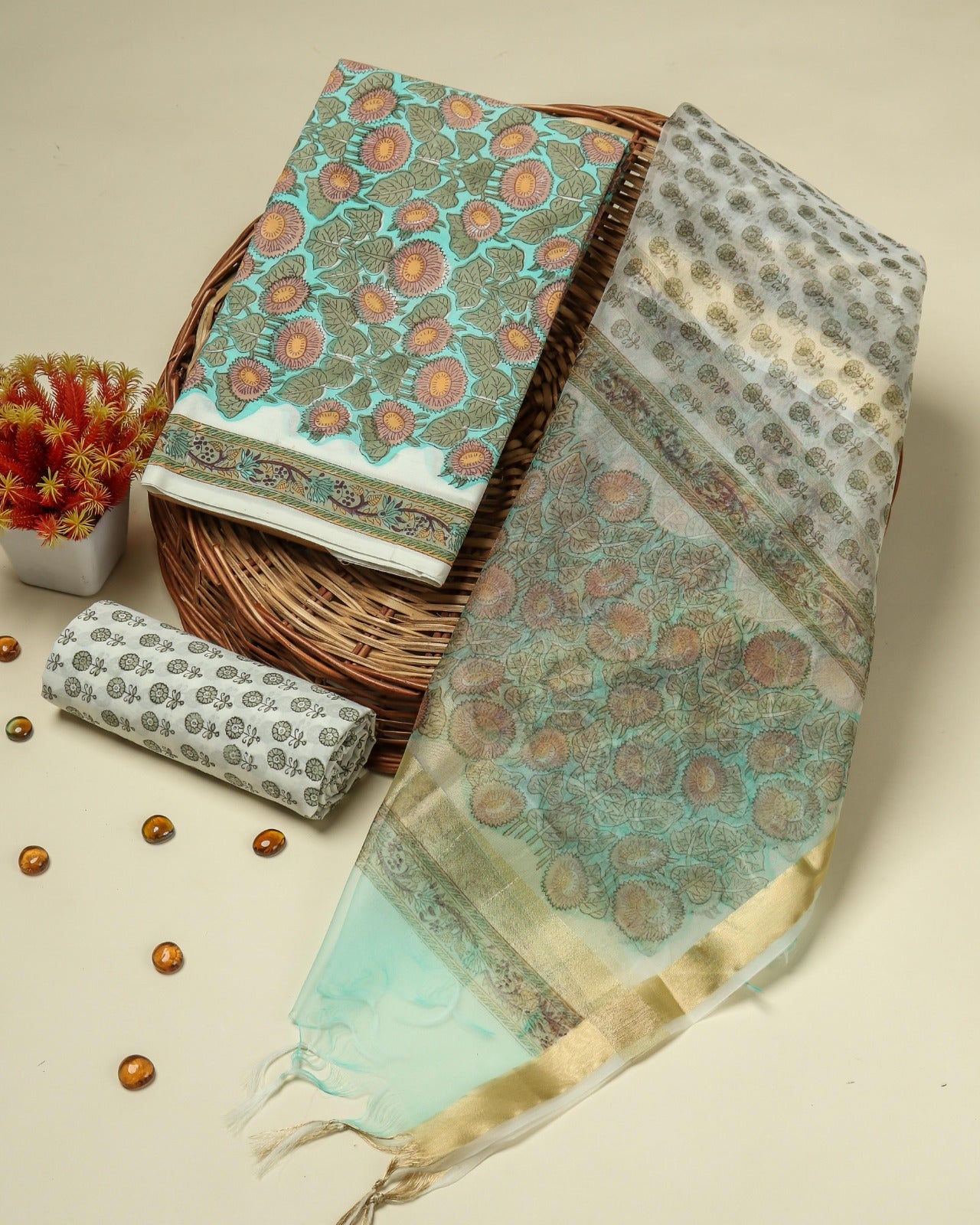 Shop Traditional Block Print Cotton Suits With Organza Dupatta Shalvi