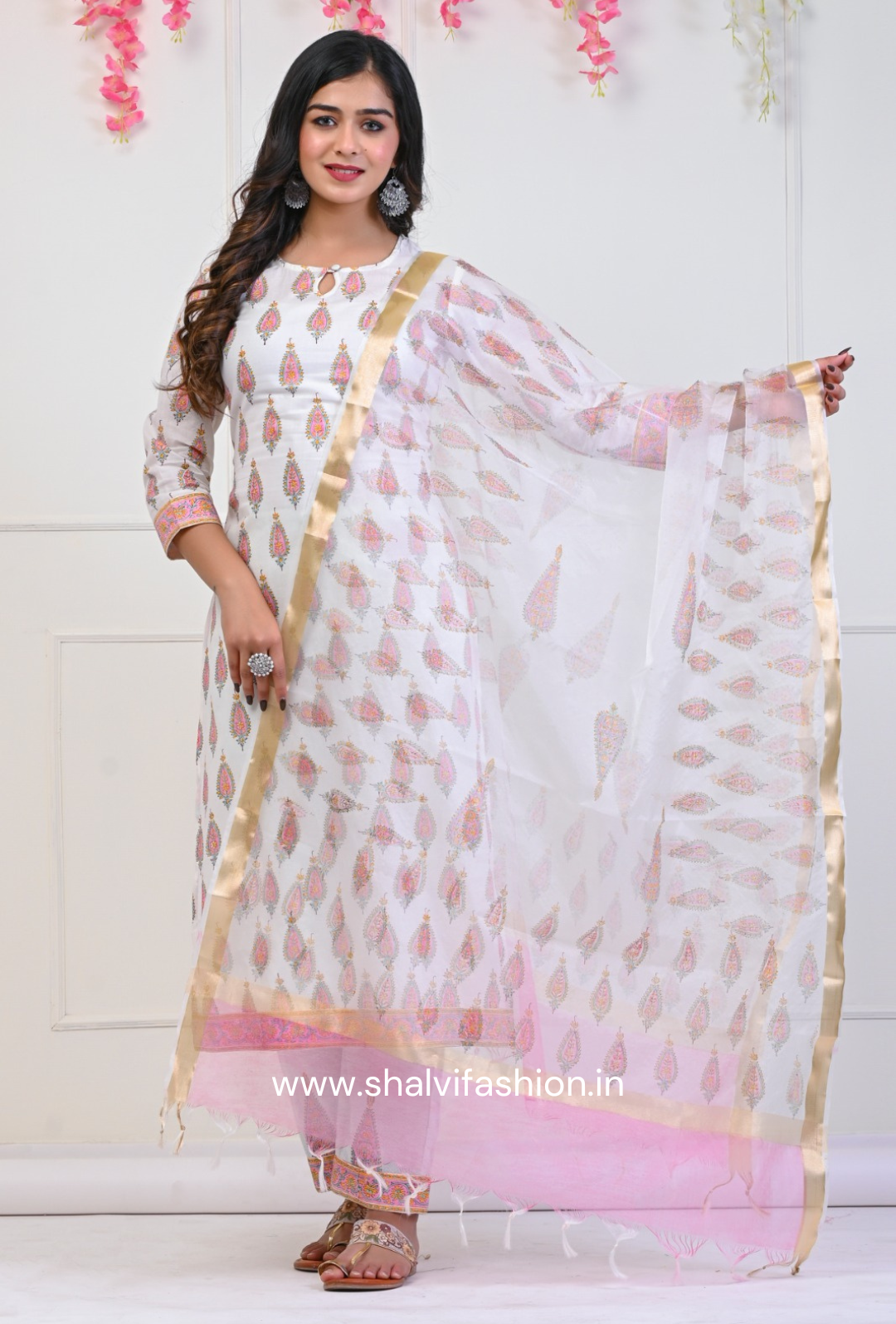 Shop Hand Block Print Cotton Suits With Organza Dupatta Shalvi